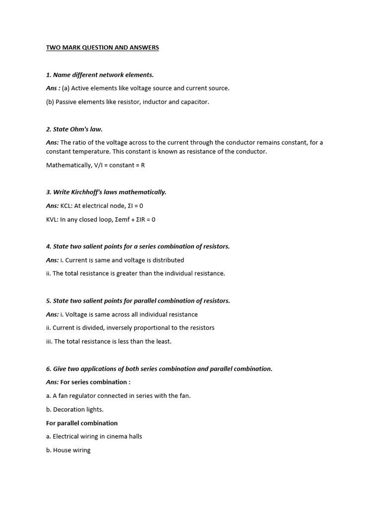 Two Mark Question and Answers 24ee201 | PDF | Inductance | Inductor