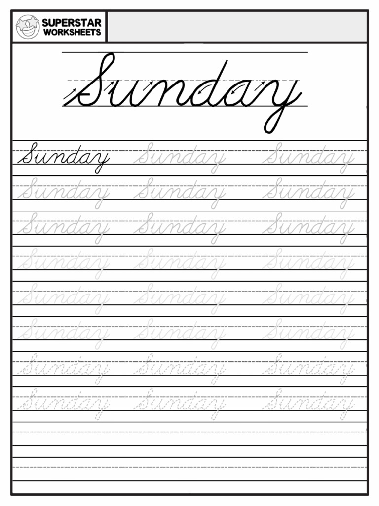 Cursive Days of The Week Worksheet Sunday | PDF