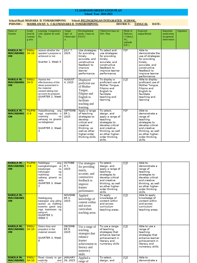 Rakila Classroom Observation Plan | PDF | Learning | Cognitive Science