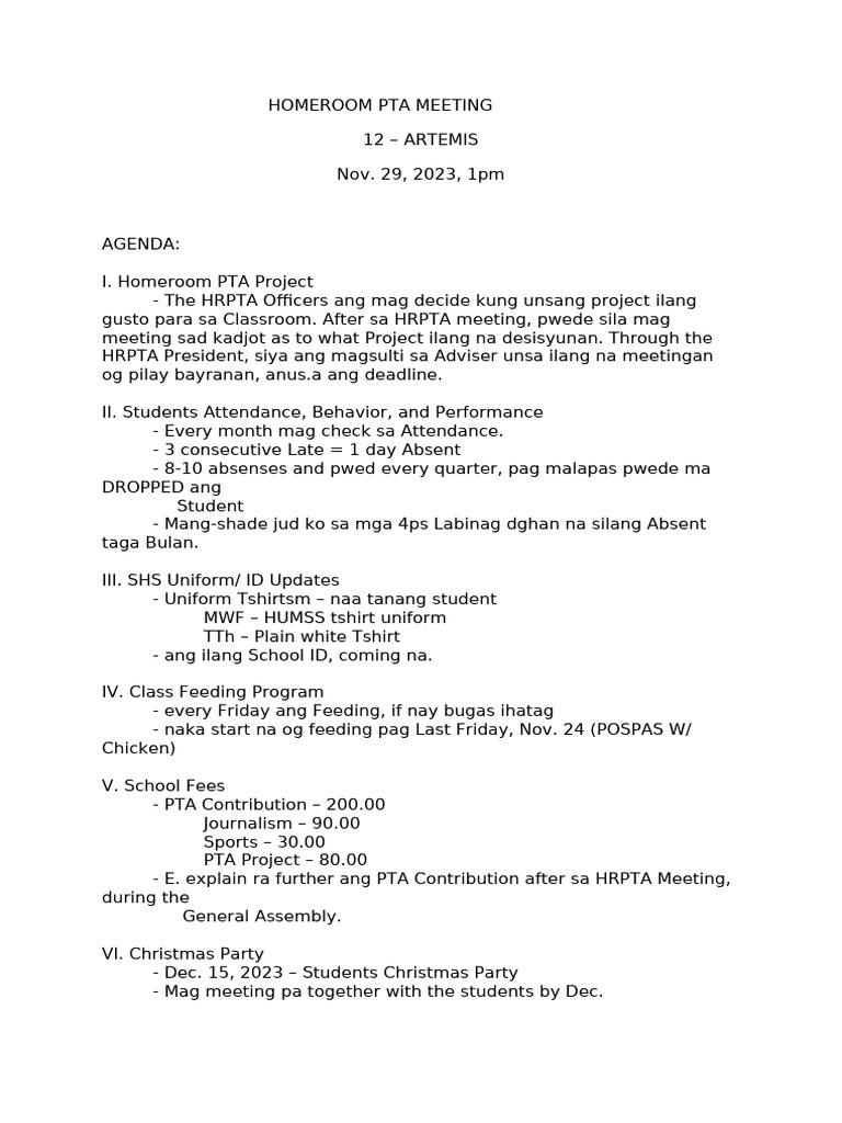 Homeroom Pta Meeting | PDF