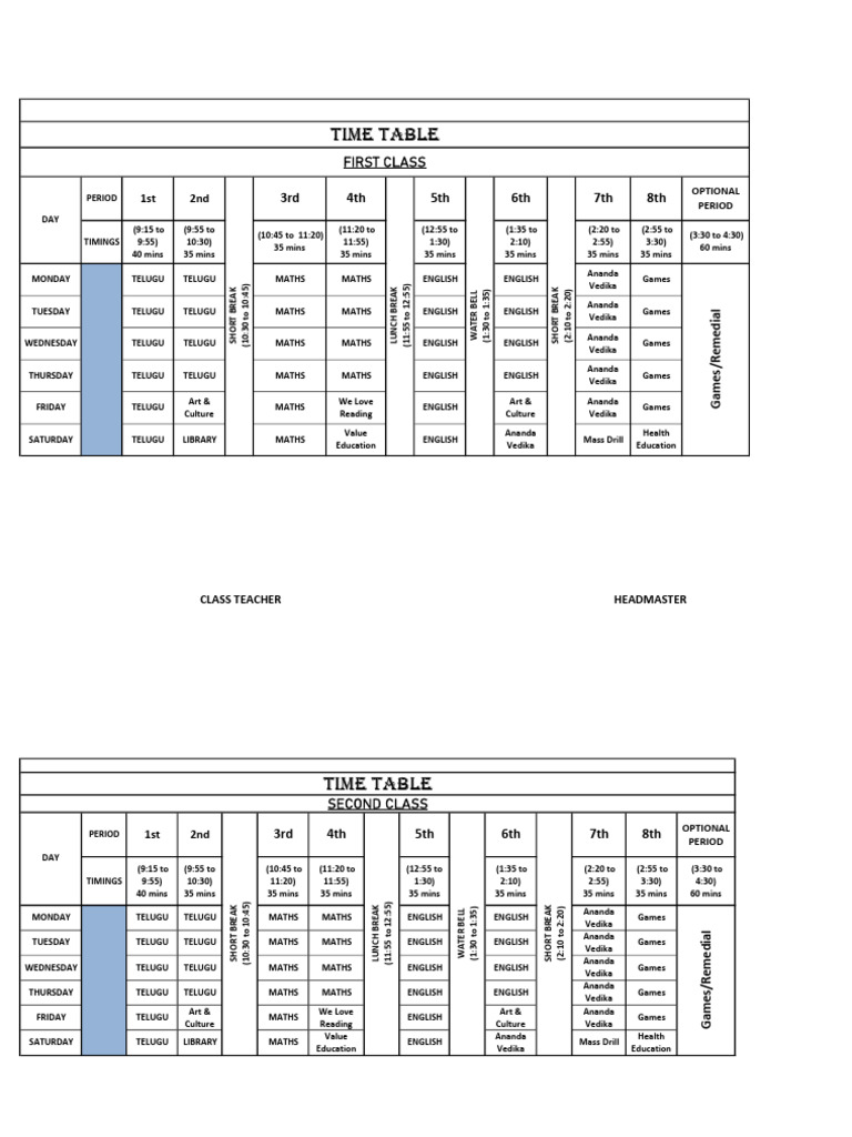 Primary Time Table Apus 2025-26 | PDF