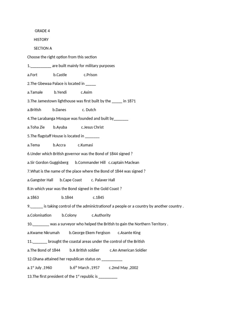 Grade 4 & 5 History Exam Questions | PDF | Ghana