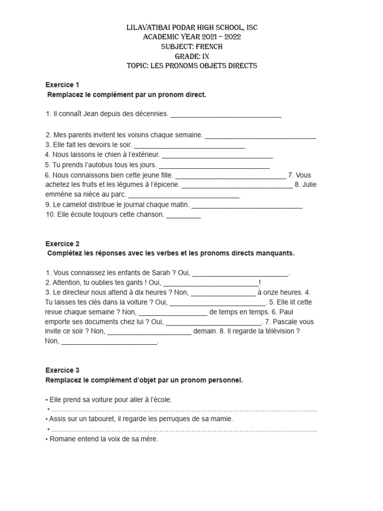 Les Pronoms Objets Directs Exercices | PDF | Échecs