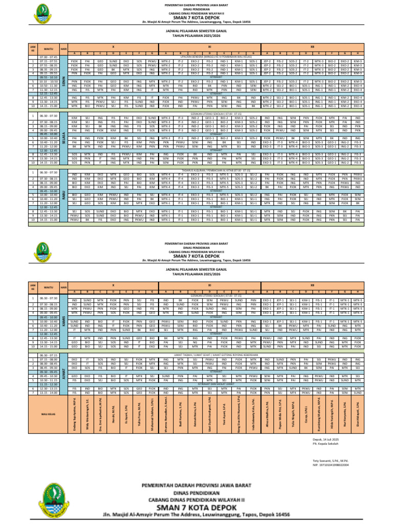 Jadwal Pelajaran Ganjil 2526 | PDF