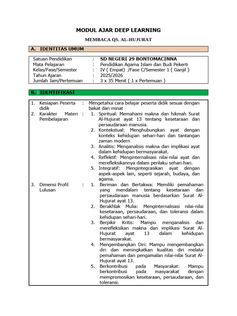 Modul Ajar PM Kelas 4 Bab 1 Membaca Dan Mengartikan Surat Al Hujurat 13 SELESAI | PDF