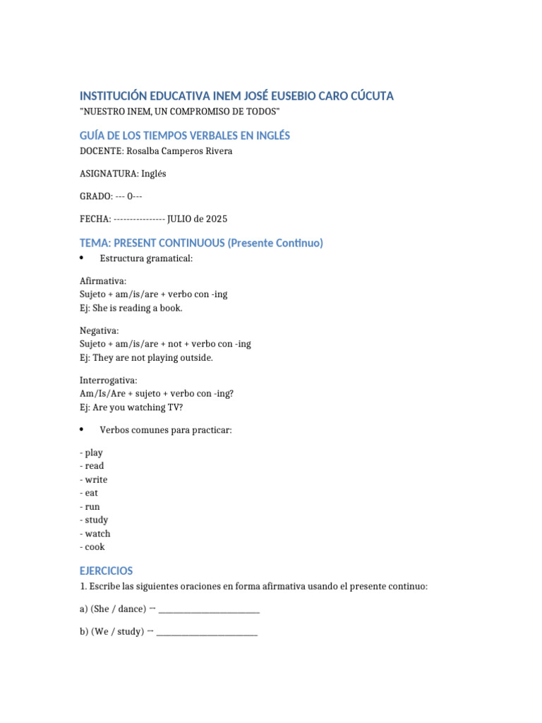 Guia Presente Continuo INEM | PDF