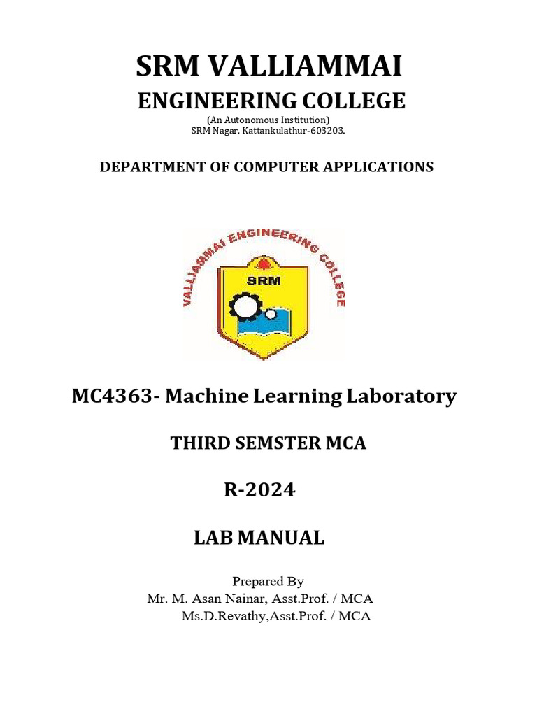 SRM Machine Learning Lab Manual | PDF | Machine Learning | Support Vector Machine
