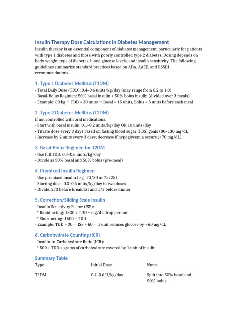 Insulin Dose Calculation Guidelines | PDF | Diabetes | Diabetes Management