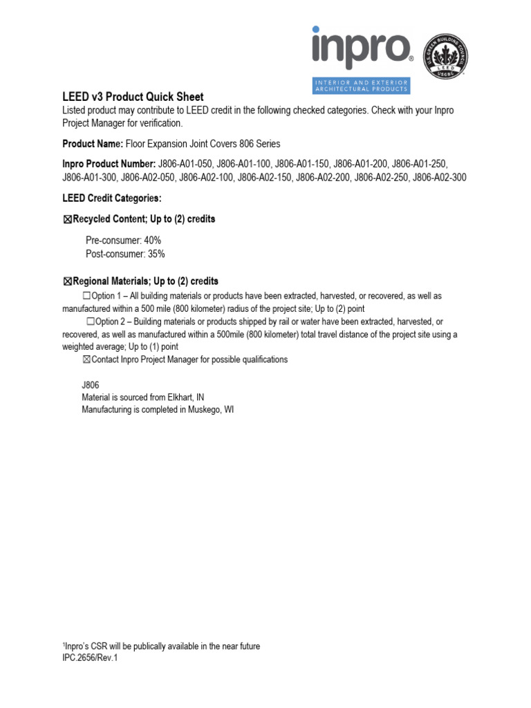 LEED Quick Sheet v3 Floor Systems 806 Series Rev 1pdf | PDF