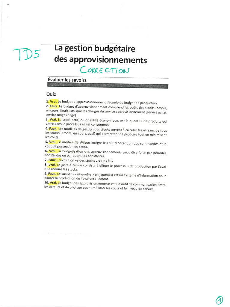 TD5 La Gestion Budgétaire Des Approvisionnements - Correction | PDF
