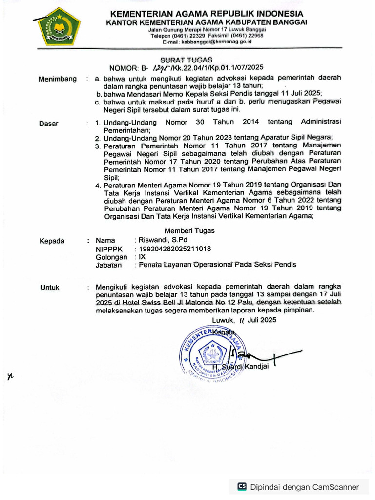 Surat Tugas Wandi Palu | PDF