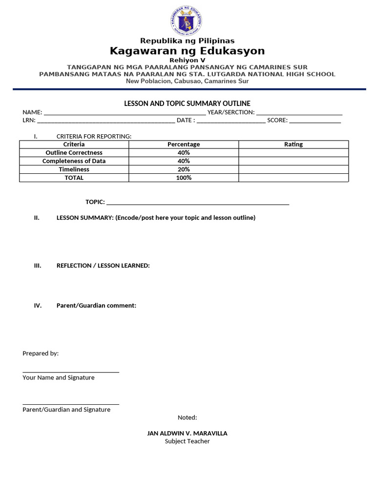 Lesson Summary Outline | PDF