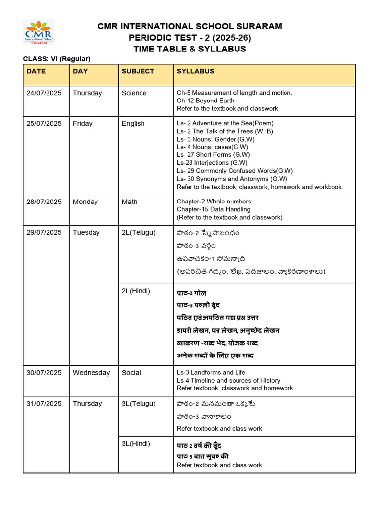 Cl-6 Regular Pt-2 Timetable&Syllabus | PDF