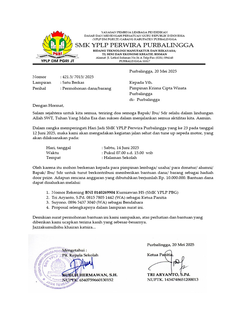 PROPOSAL HUT Ke 23 SMK YPLP Perwira PBG | PDF