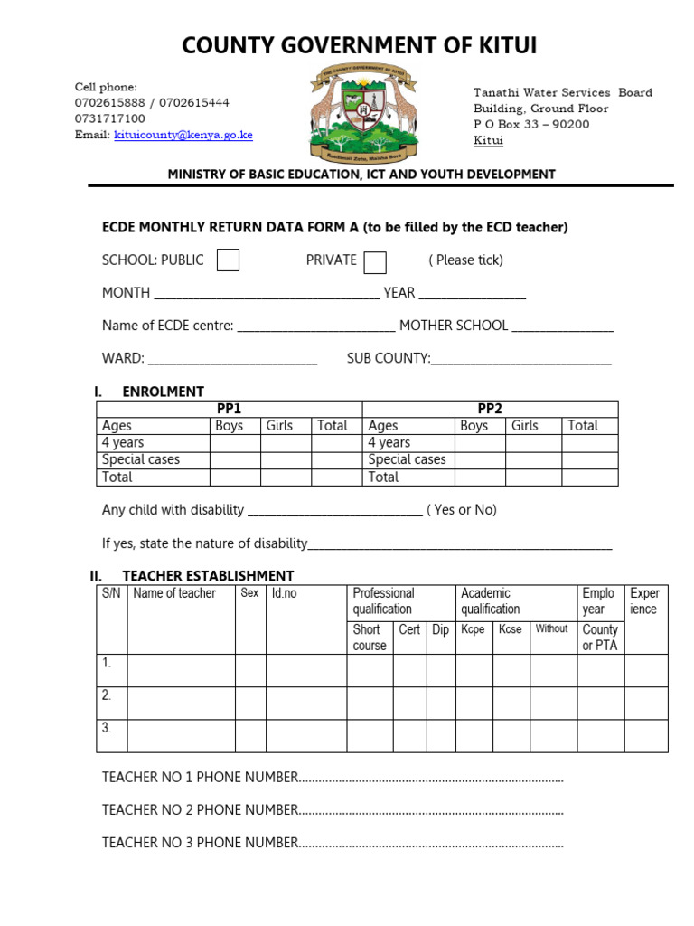 ECDE Monthly Return Data Form 2025 | PDF