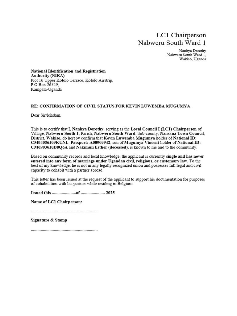 Kevin LC1 Single Status Letter | PDF