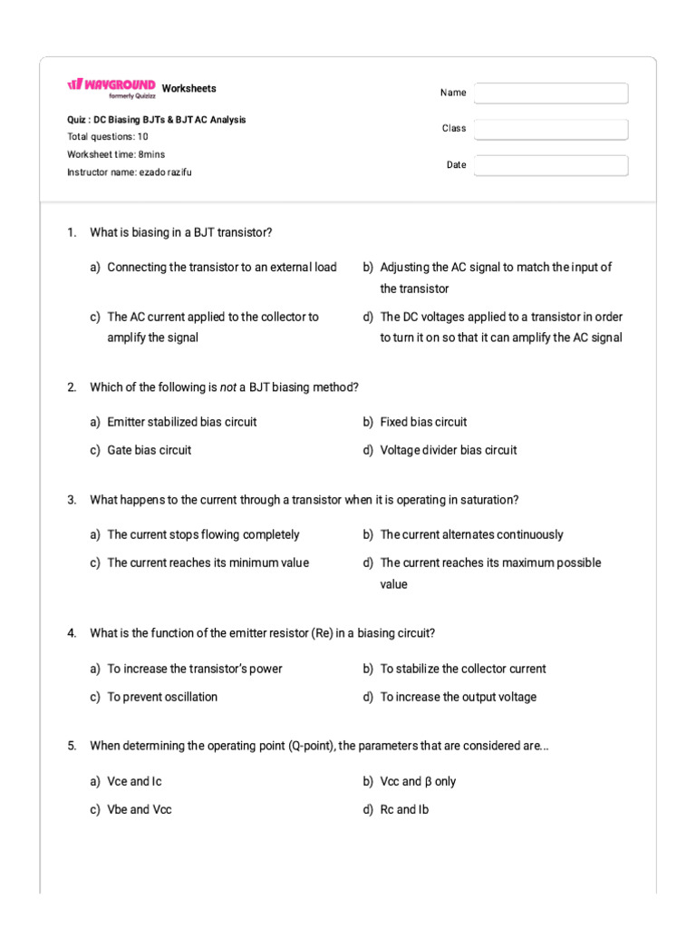Quiz - DC Biasing BJTs & BJT AC Analysis - Wayground | PDF | Bipolar Junction Transistor ...