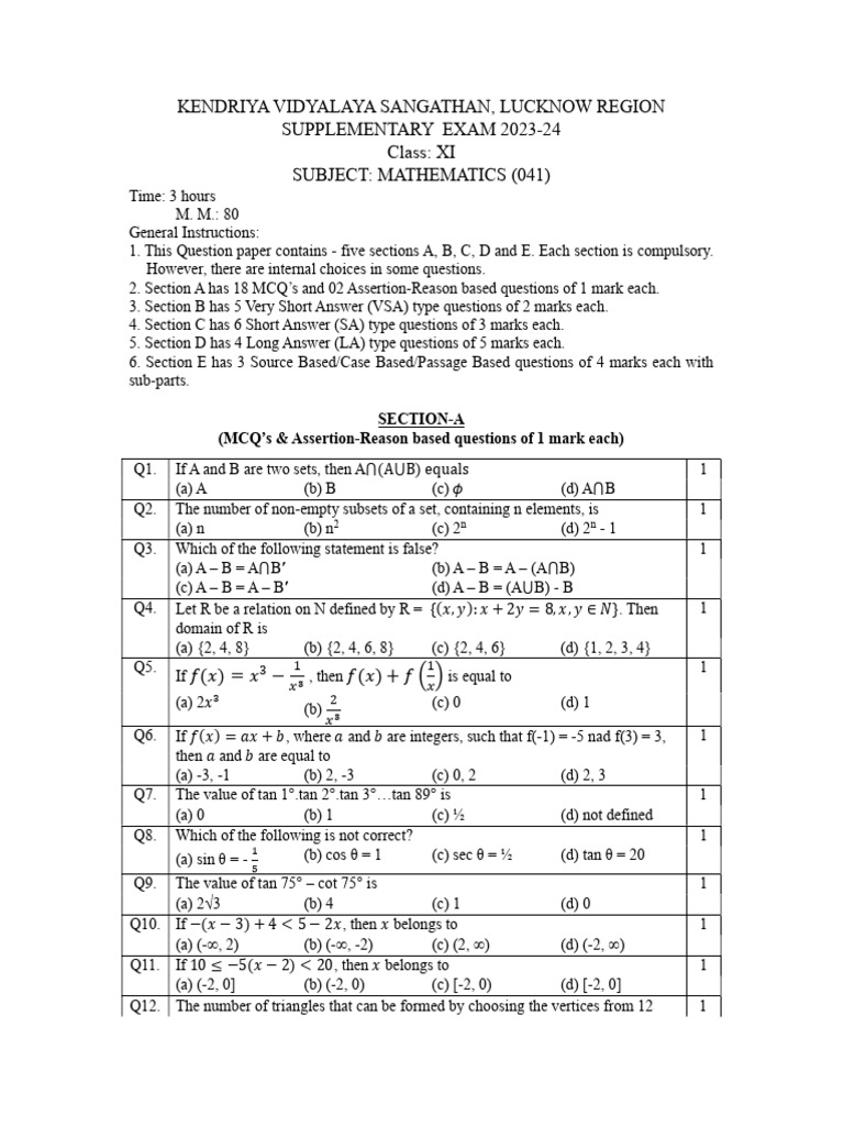 Class XI Mathematics Supplementary Exam 2023-24 | PDF | Mathematical ...