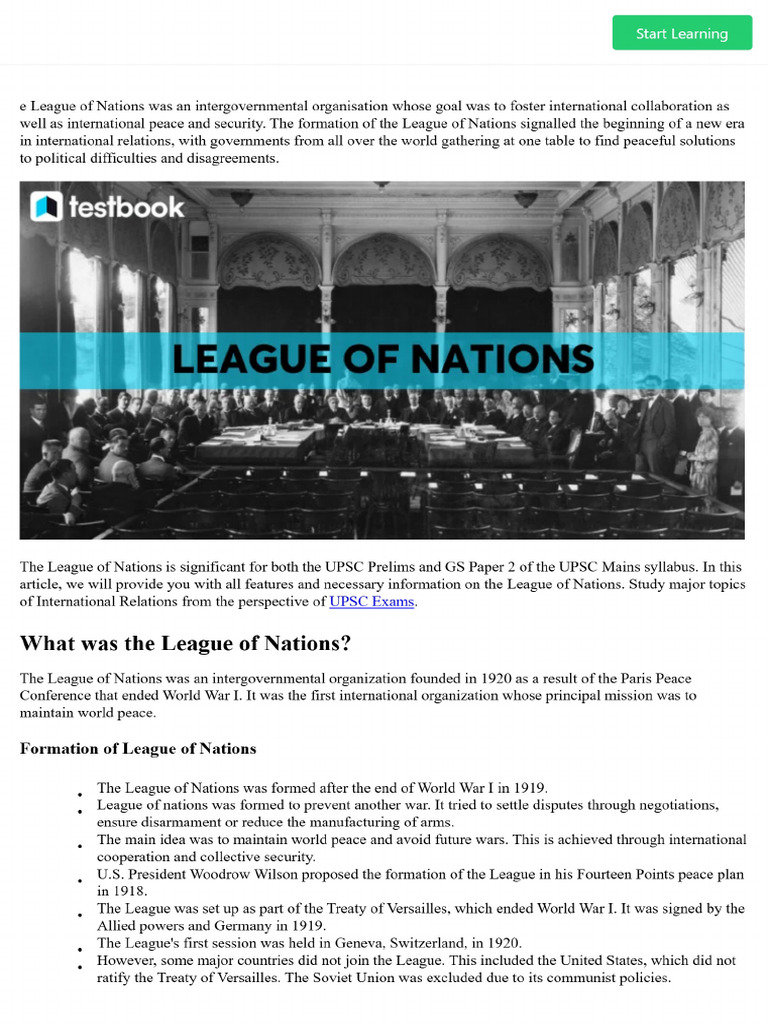 League of Nations - Aim, Formation, Members & Structure For UPSC | PDF