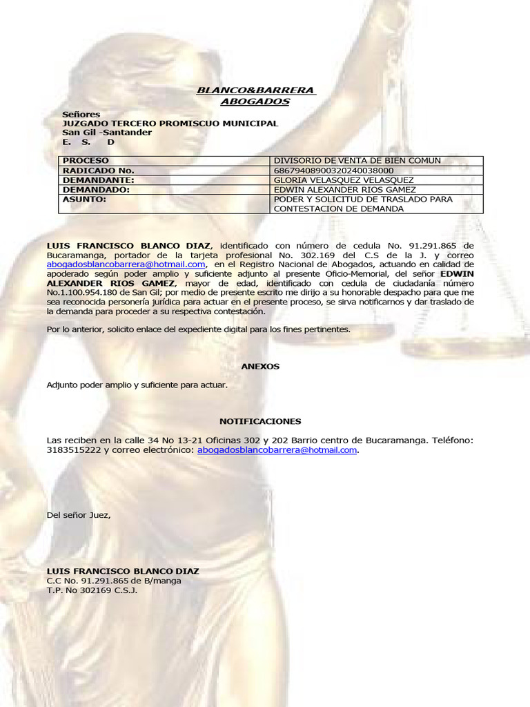 Memorial Poder Notificacion y Tralado Demanda para Contestacion | PDF