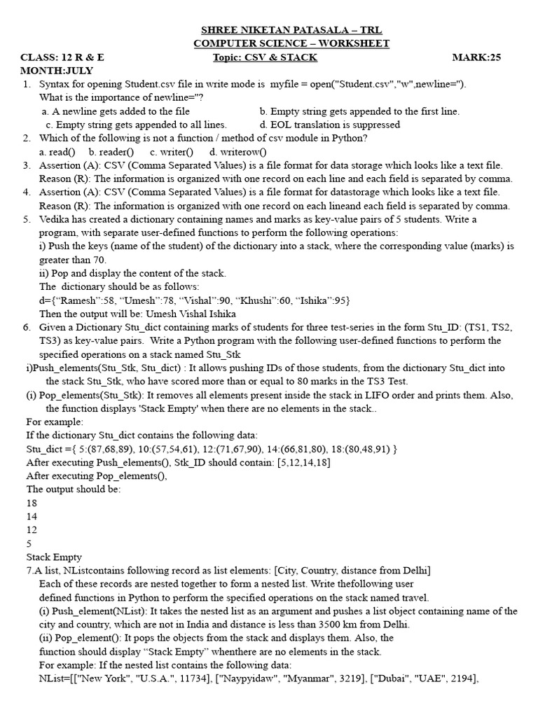 CSV and Stack Operations in Python | PDF | Comma Separated Values | Computer Programming