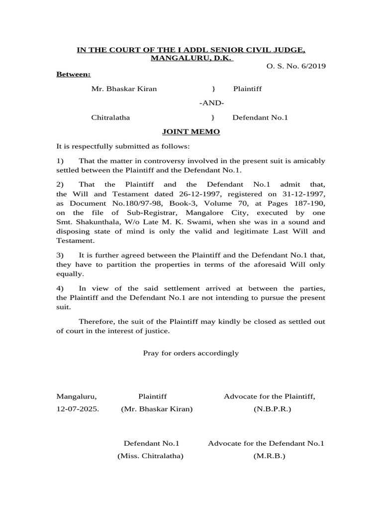 Joint Memo of Settlement Agreement | PDF