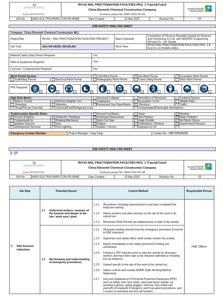 RIYAS NGL Project Job Safety Analysis | PDF | Personal Protective ...