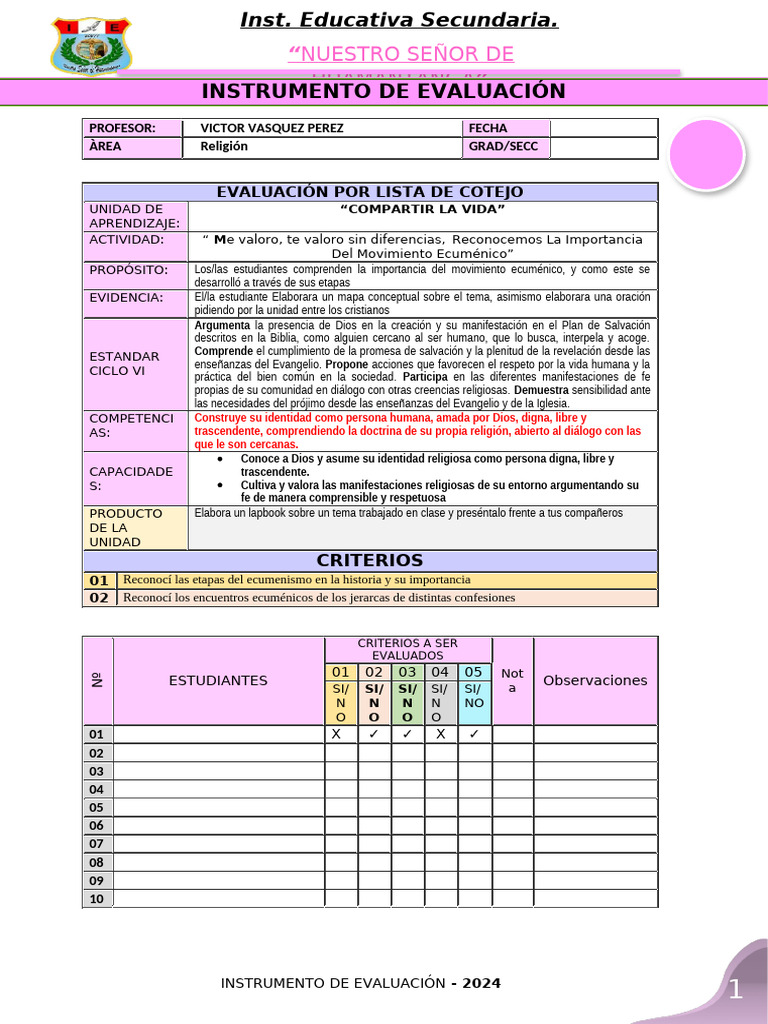 Cotejo 1°2° Sem 05 Uni 07 NSH | PDF | Ecumenismo | Dios