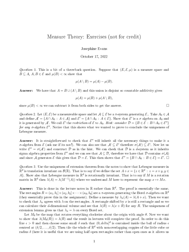 Measure Theory Exercises Overview | PDF | Measure (Mathematics ...
