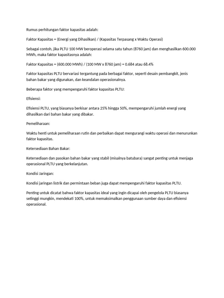 Rumus dan Faktor Kapasitas PLTU | PDF