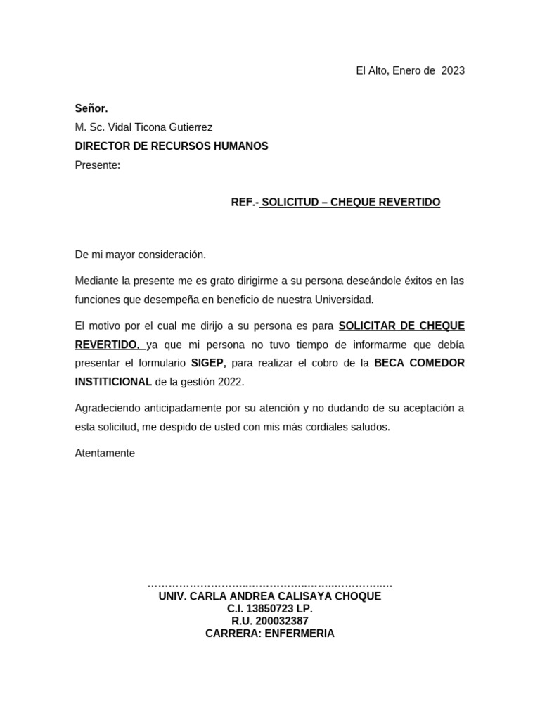 Solicitud - Cheque Revertido | PDF
