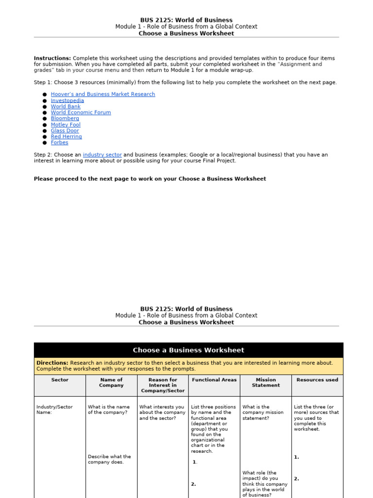 Business Worksheet for Module 1 | PDF