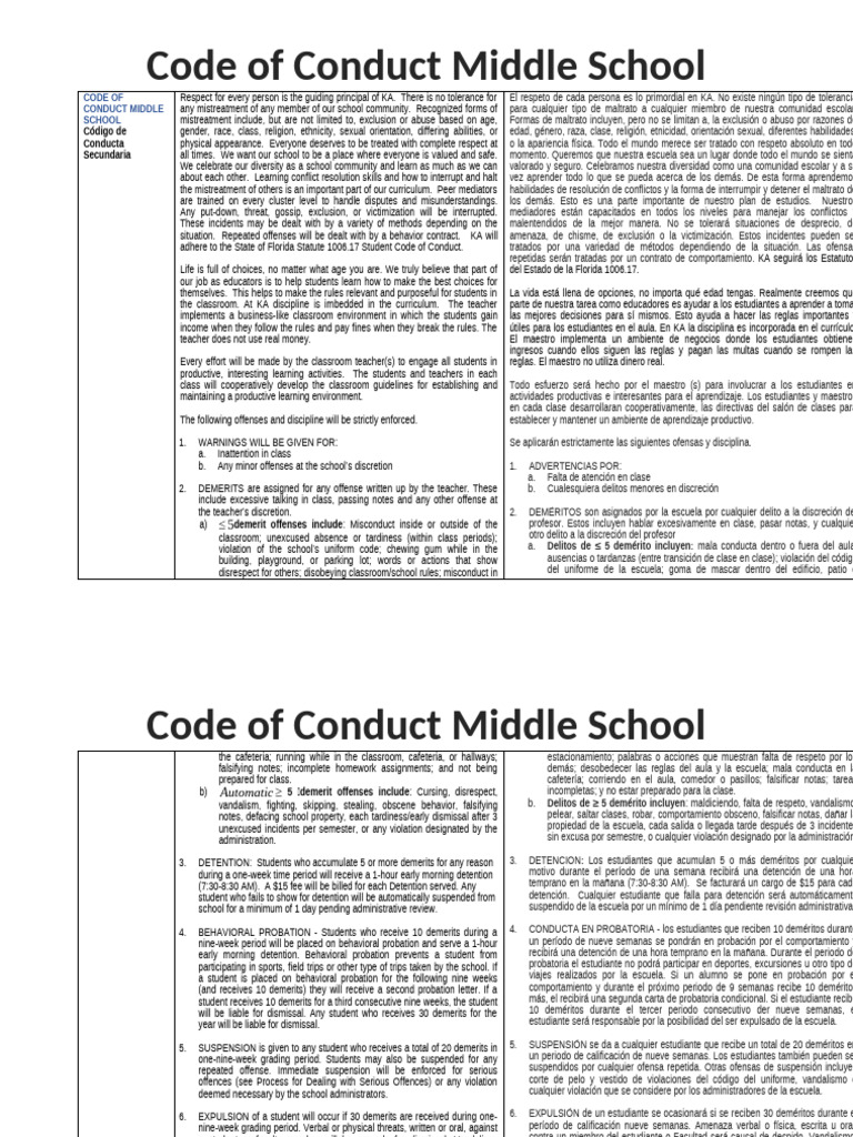 Code of Conduct Middle School | PDF