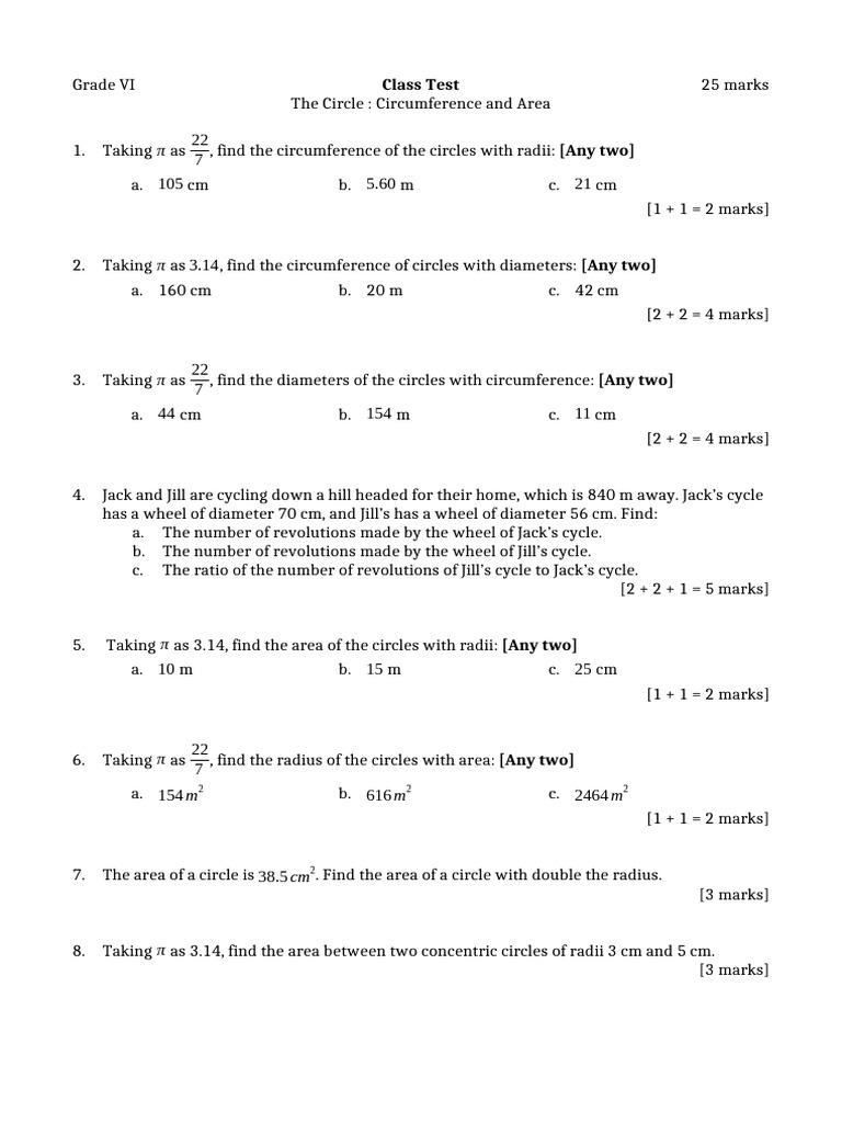 Grade VI Circle Geometry Test | PDF | Area | Pi