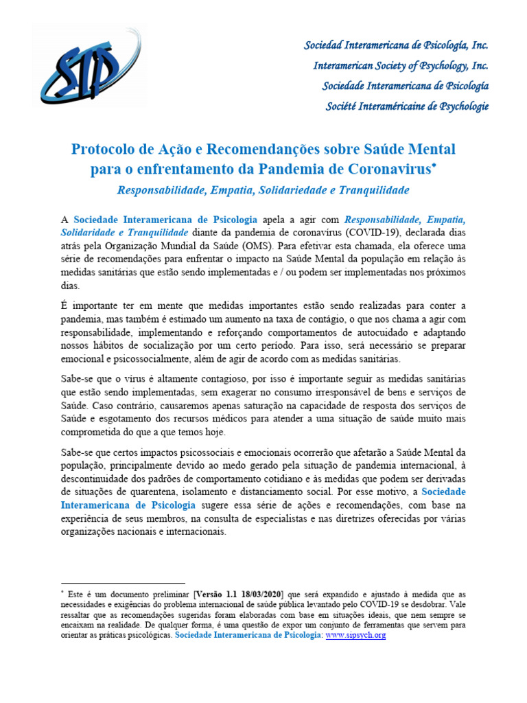 Protocolo de Acao e Recomendacoes Psicologicas - Sip 2020 | PDF | Psicologia | Família