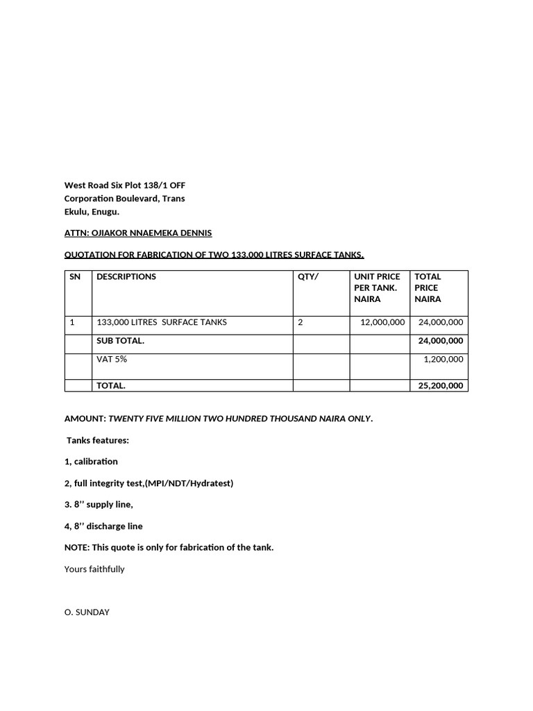 Tank Quotation | PDF