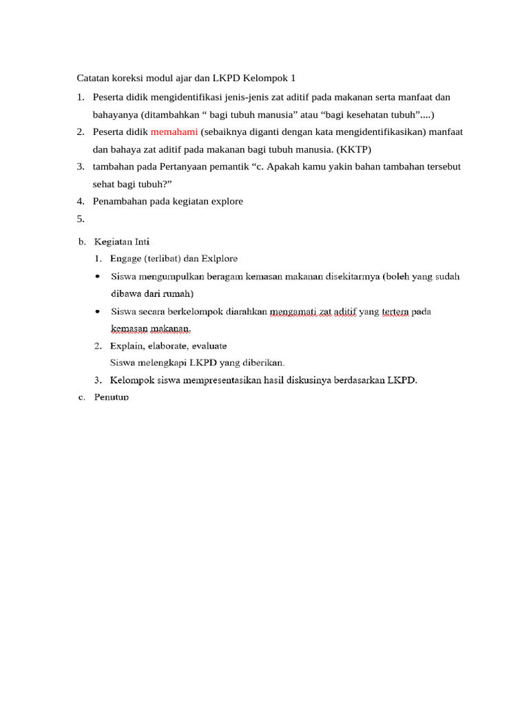 Catatan Koreksi Modul Ajar Dan LKPD Kelompok 1 | PDF