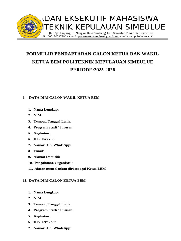 Formulir Pendaftaran Calon BEM 2025-2026 | PDF
