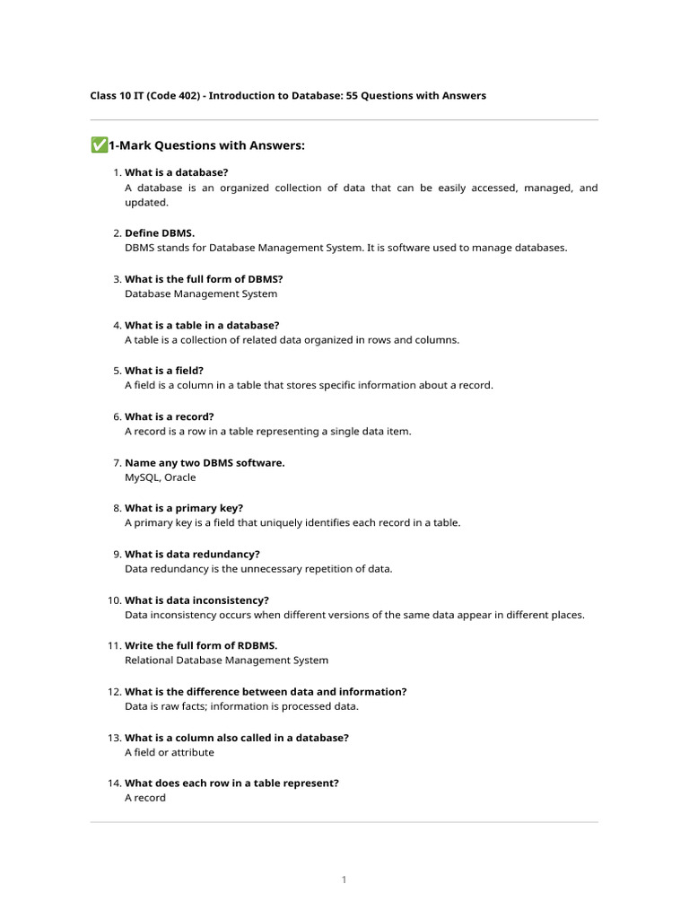 Class 10 IT Database Q&A Guide | PDF | Databases | Relational Database
