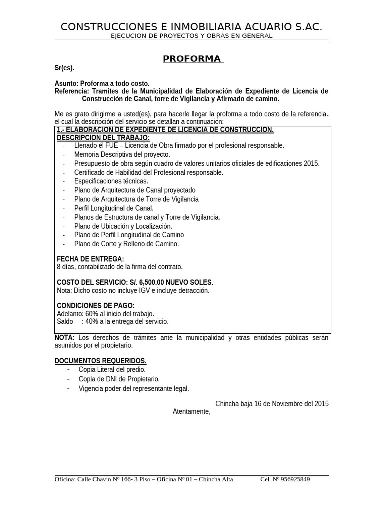 PROFORMA - Licencia de Construccion CANAL Y TORRE DE VIGILANCIA ...