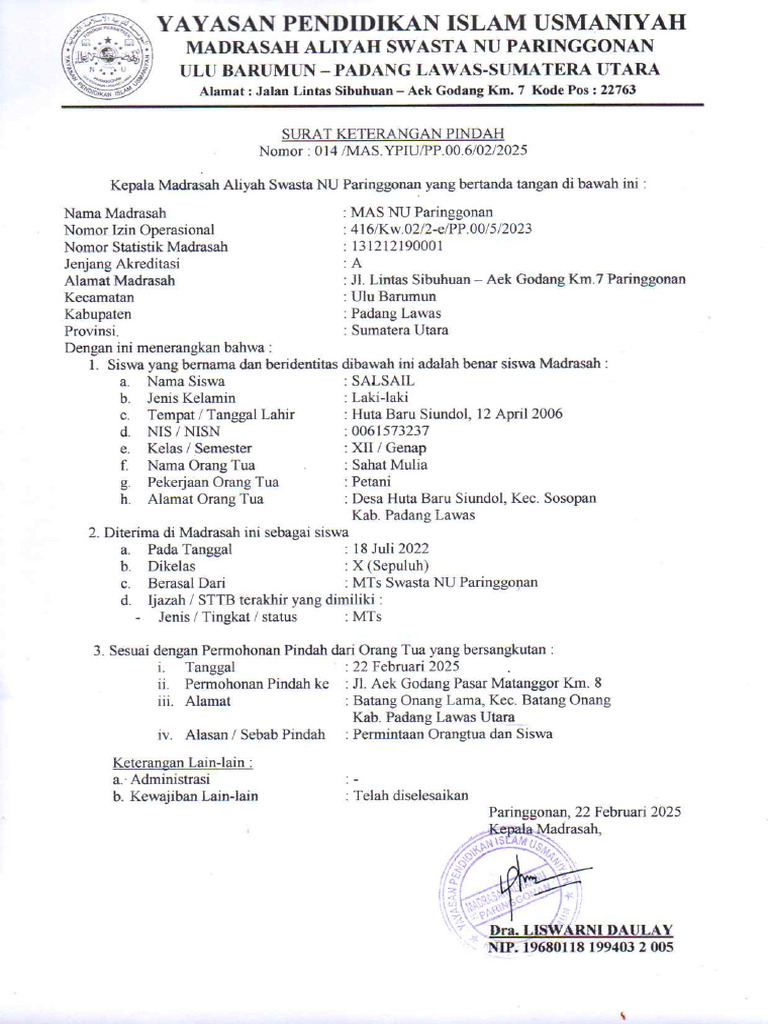 Salsail - SK Pindah Sekolah | PDF