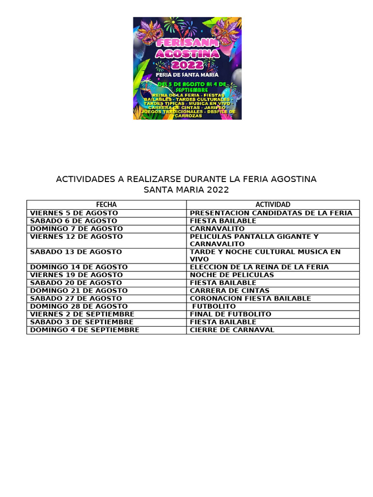Actividades a Realizarse Durante La Feria Agostina Santa Maria 2022 | PDF