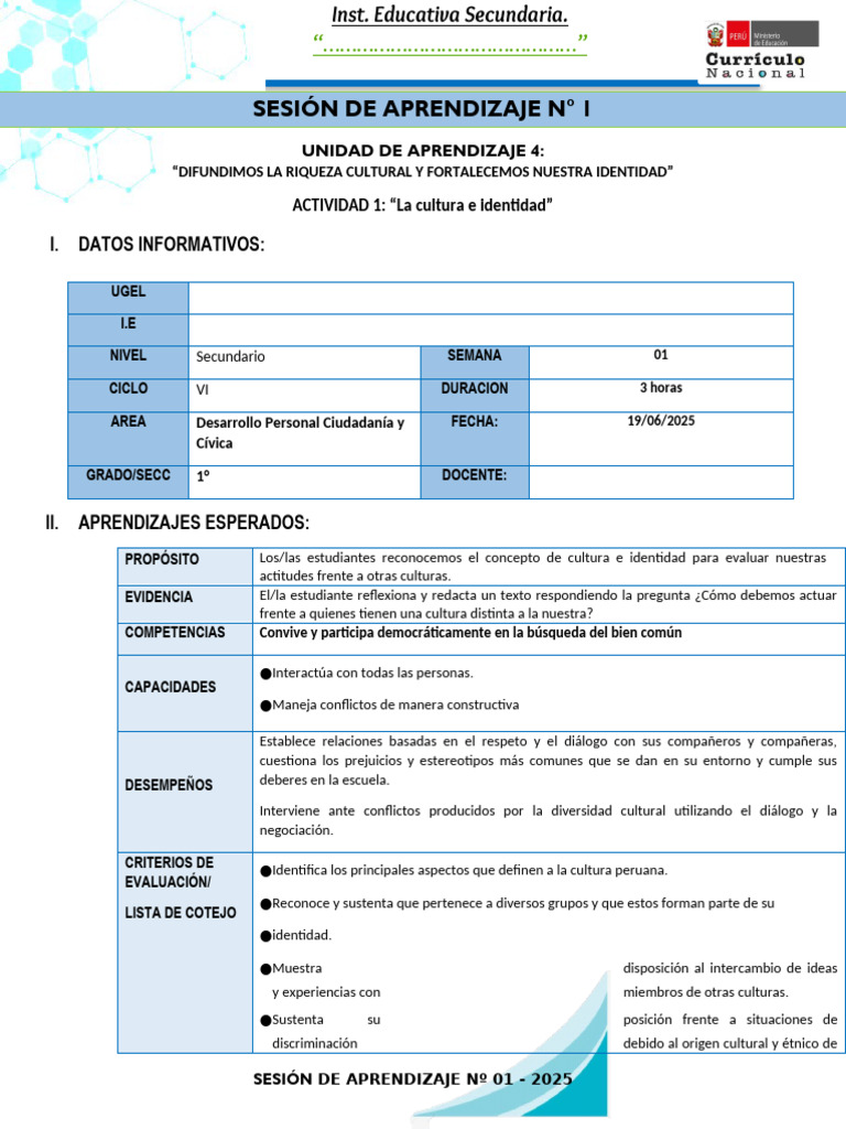01. SESIÓN 1 (U4) (1° grado) - DPCC | PDF | Aprendizaje | Maestros