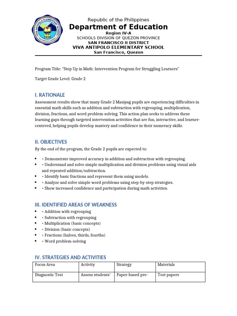 Numeracy Intervention Action Plan Grade2 | PDF | Multiplication | Learning