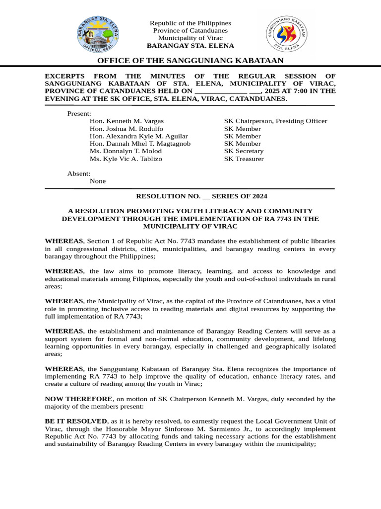 RESO - To Promote Youth Literacy Through RA 7743 | PDF