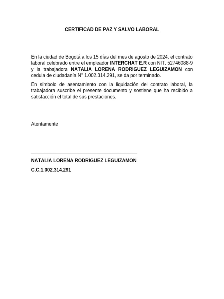 Certificad de Paz y Salvo Laboral | PDF