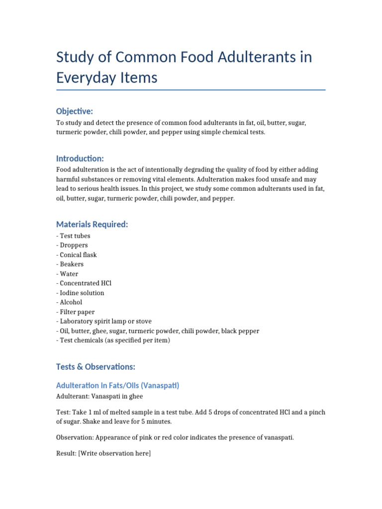 Study of Common Food Adulterants Project | PDF | Chili Pepper | Chemistry