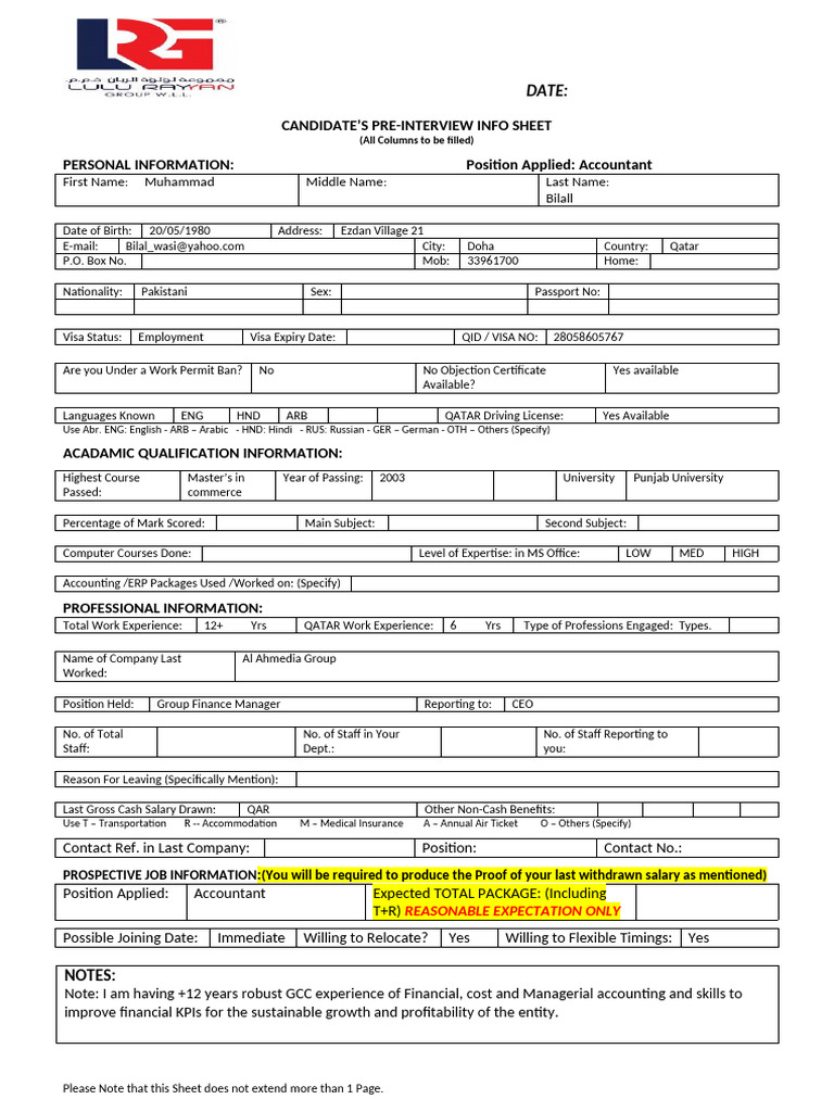 Pre Interview Data Form - New | PDF | Economies | Business