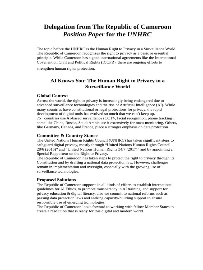 Cameroon Position on Privacy Rights at UNHRC | PDF