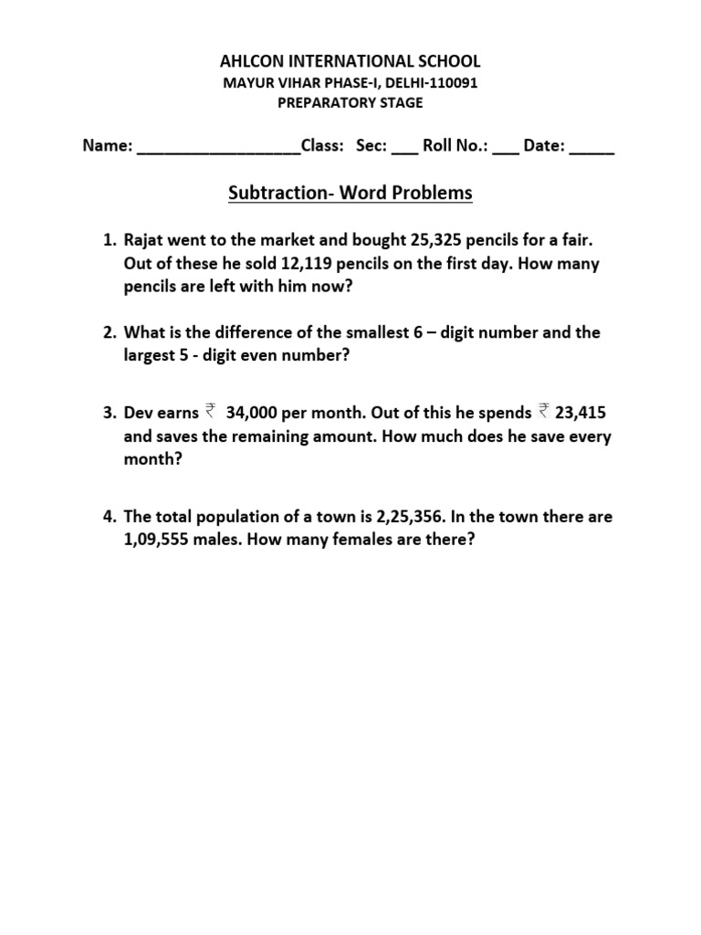 Class 4 - Subtraction - Word Problems | PDF